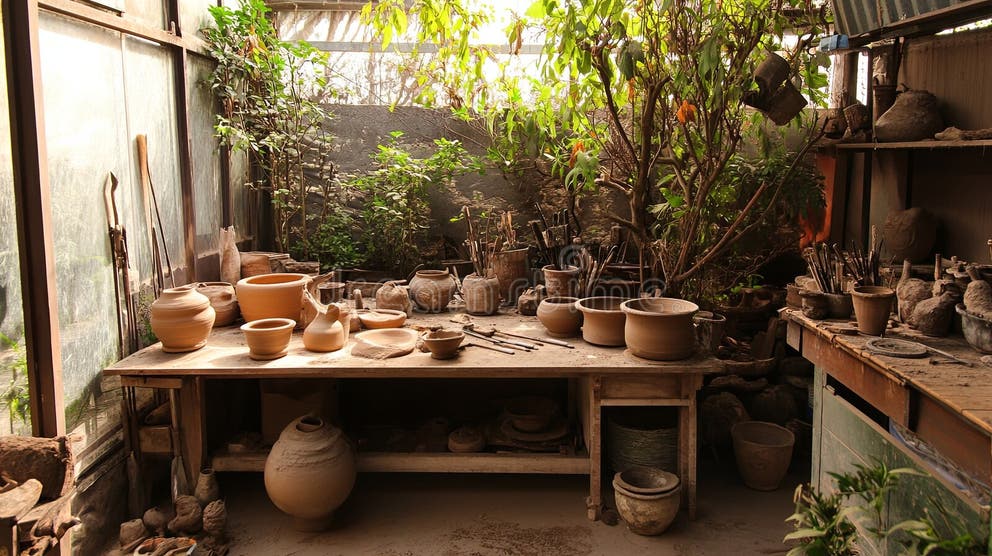 A Pottery Studio with Unfinished Clay Pots and Tools on a Workbench ...