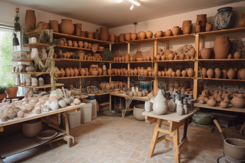 A Pottery Studio with a Variety of Clay and Ceramic Pieces on Display ...