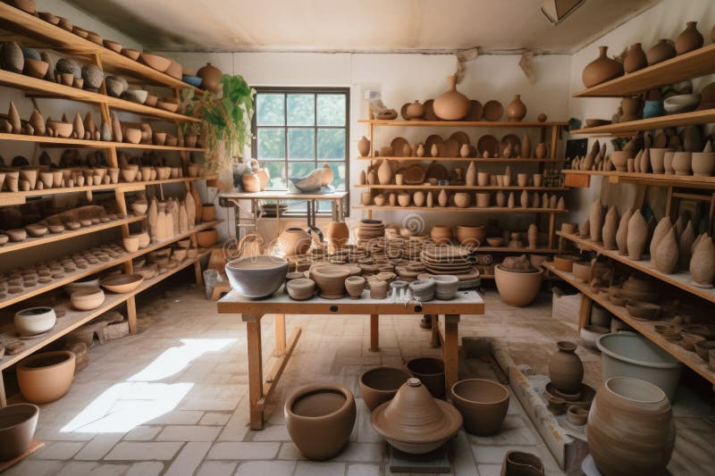 A Pottery Studio with a Variety of Clay and Ceramic Pieces on Display ...