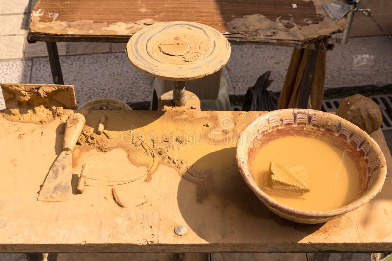 Pottery Table on a Sunny Summer Day Stock Photo - Image of craft ...