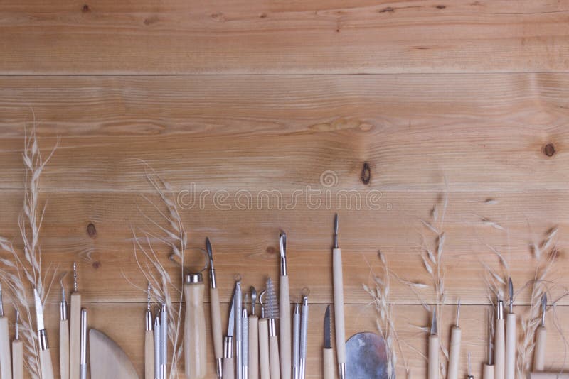 Pottery Tools and Clay on a Beige Background Stock Image - Image of ...