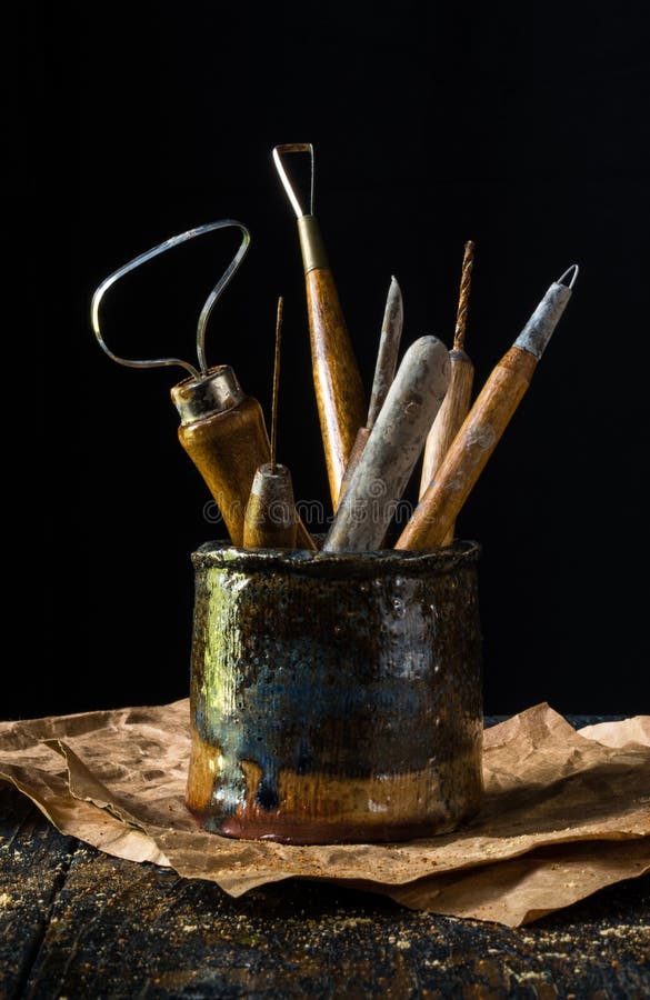 Pottery Tools in Hand Crafted Clay Pot Stock Image - Image of pottery ...