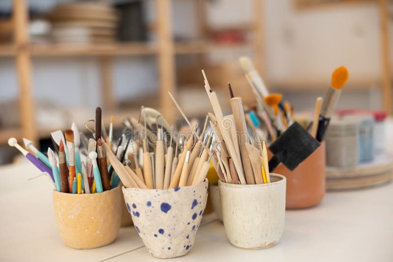 Pottery Tools for Processing Handmade Clay Work Pieces on the Table ...