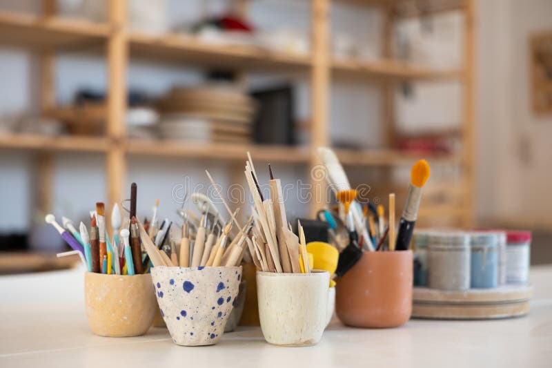 Pottery Tools for Processing Handmade Clay Work Pieces on the Table ...