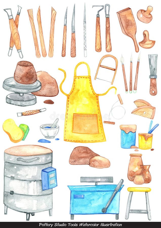 Pottery Tools in Studio Watercolor Illustration. Stock Illustration ...