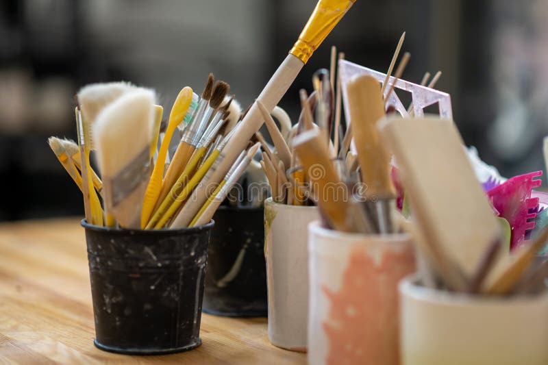 Pottery Tools on Wooden Table in Creative Studio. Stock Photo - Image ...