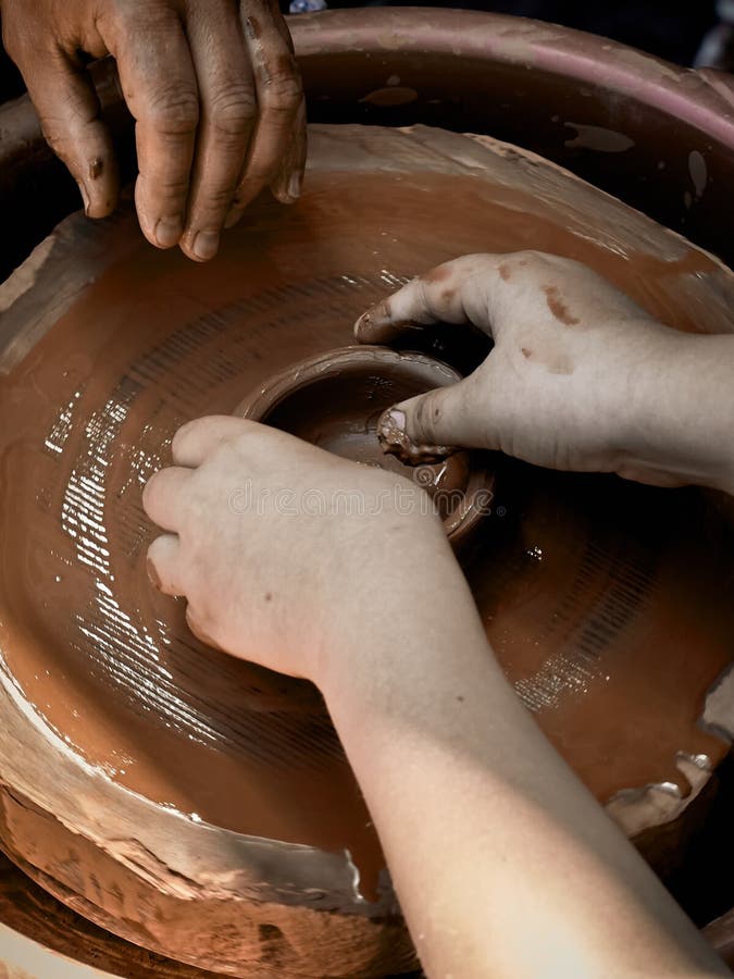 Pottery Training. the Hands of the Pupil and Master Over the Pot Stock ...