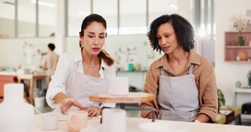 Pottery Wheel, Conversation or Women in Ceramic Workshop, Help or ...