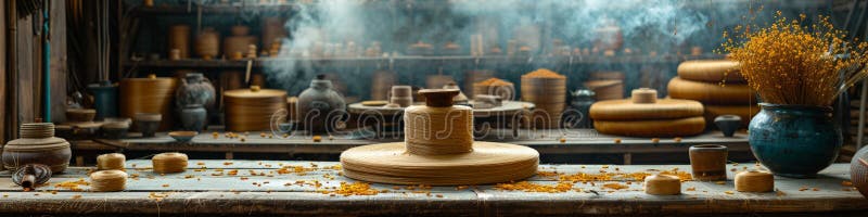 A Pottery Wheel is Placed on a Table Inside a Pottery Workshop Stock ...