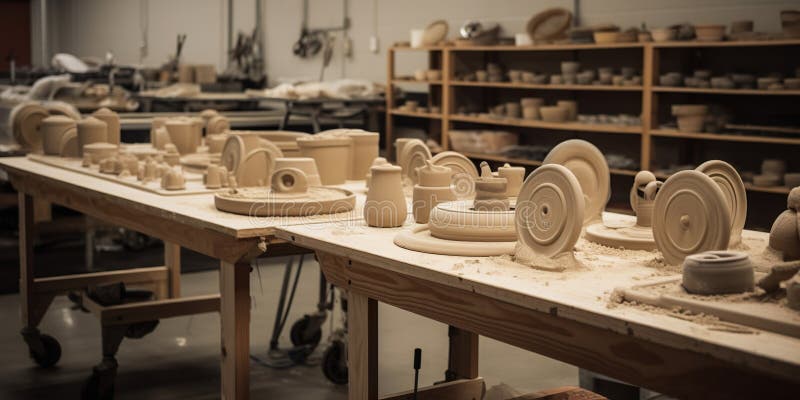 Pottery Wheels, with Clay and Tools Ready for a Group Ceramics Class ...