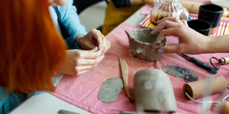 Pottery Workshop Class. a Pottery Crafts Dish from a Raw Clay Stock ...