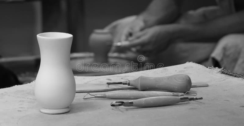 Workshop. Art Studio. Potter at Work. White Clay Vase on Table. Potter ...