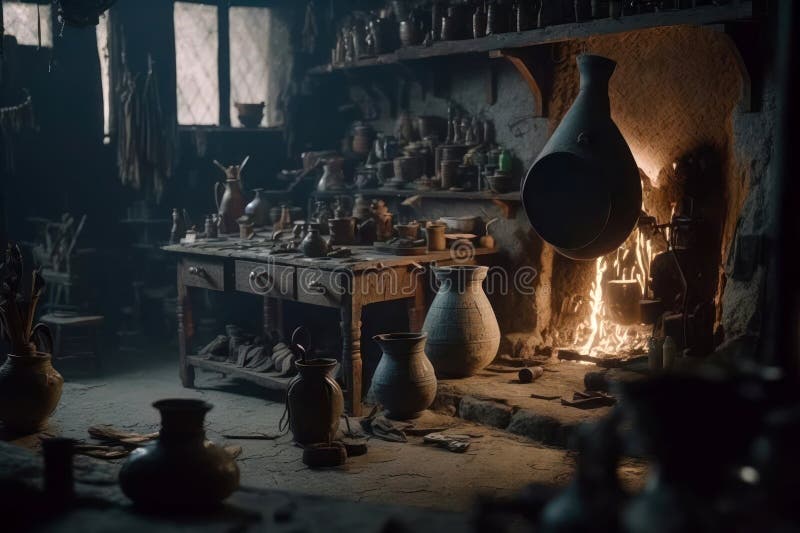 Pottery Workshop with a Fireplace and Various Ceramic Pots and Items ...
