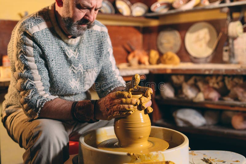 Pottery Workshop. a Senior Man Makes a Vase of Clay Stock Photo - Image ...