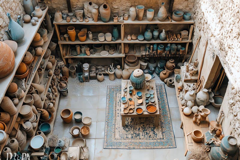 A Pottery Workshop with Shelves Full of Clay Pots and Other Ceramic ...