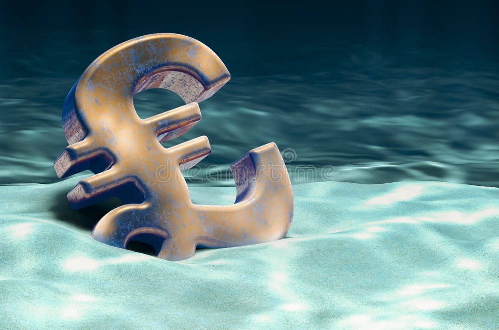 Pound Sterling Symbol on Ocean Bottom Underwater, 3D Rendering Stock ...