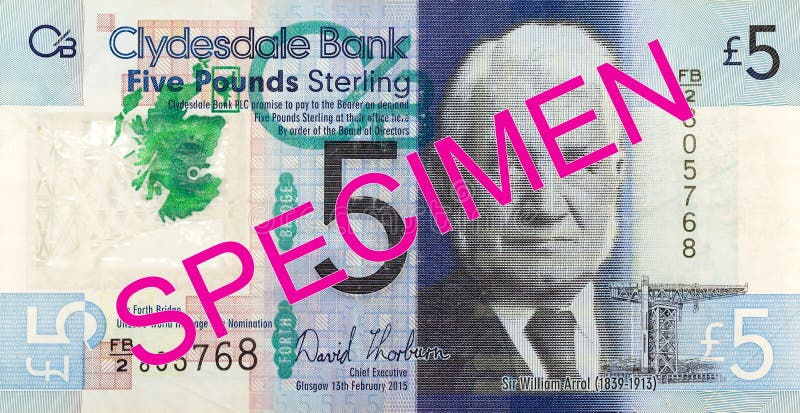 5 Pounds Sterling Note Issued by Clydesdale Bank PLC Specimen Reverse ...