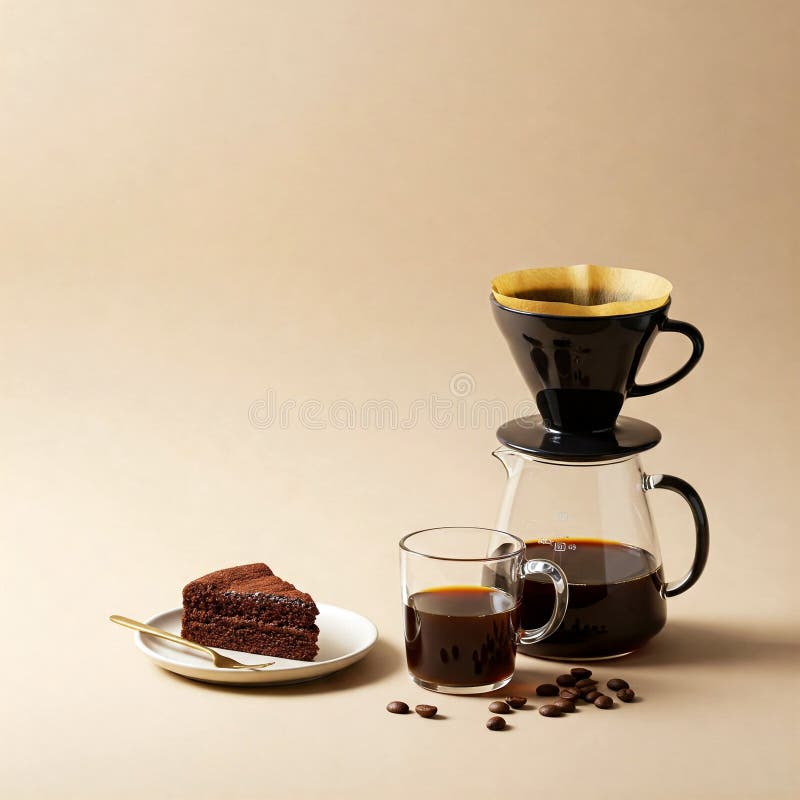 Pour-Over Coffee Setup with Delicious Cake - AI Stock Illustration ...