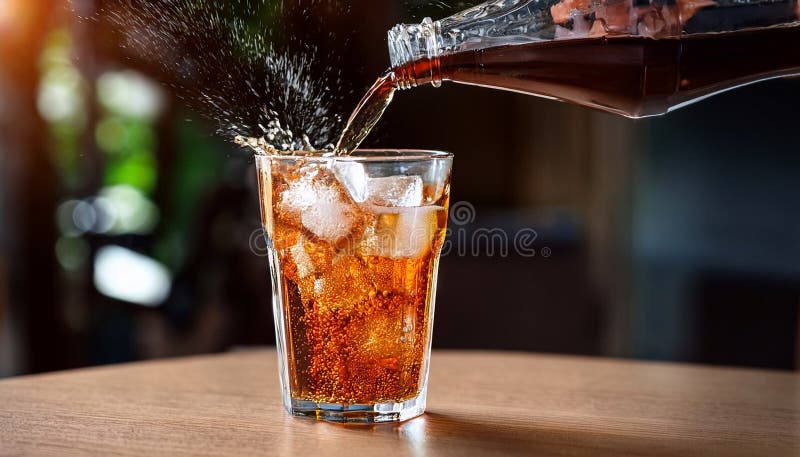 Pour Soft Drink in Glass with Ice on the Table Stock Illustration ...