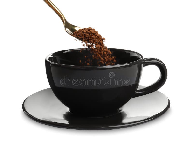 Pouring Aromatic Instant Coffee into Black Cup on White Background ...
