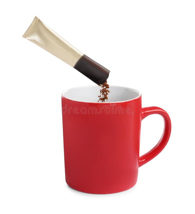 Pouring Aromatic Instant Coffee into Red Cup on White Background Stock ...