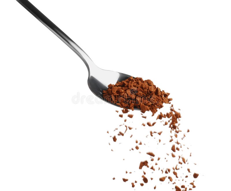Pouring Aromatic Instant Coffee from Spoon on White Background Stock ...