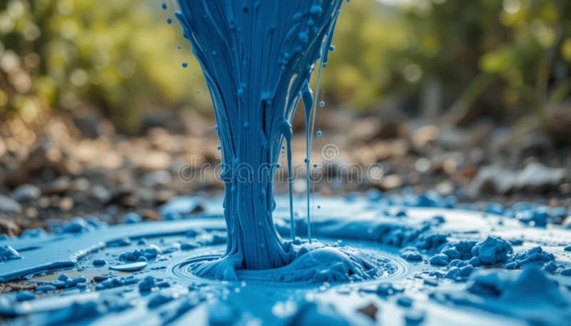 Pouring Blue Liquid Creates Splashes and Puddle Outdoors Environment ...