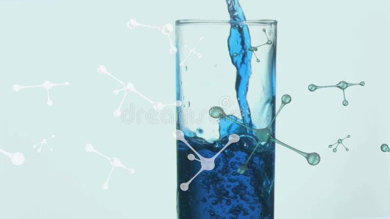 Pouring Blue Liquid into Glass, Molecular Structure Animation Over it ...