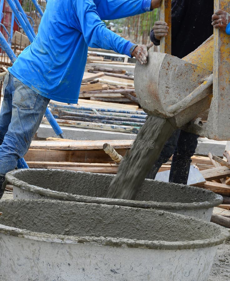 Cement is Pouring into the Construction Bucket. Stock Image - Image of ...