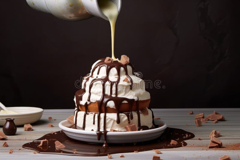 Pouring Chocolate Syrup Over a Pile of Ice Cream Stock Photo - Image of ...