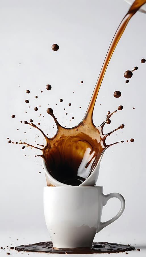 Pouring Coffee Creates a Dramatic Splash between Two White Cups Stock ...