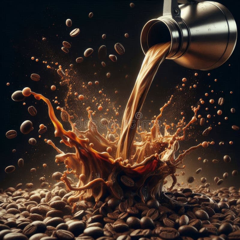 Pouring Coffee, Creating a Splash Surrounded by Scattered Coffee Beans Stock Illustration ...