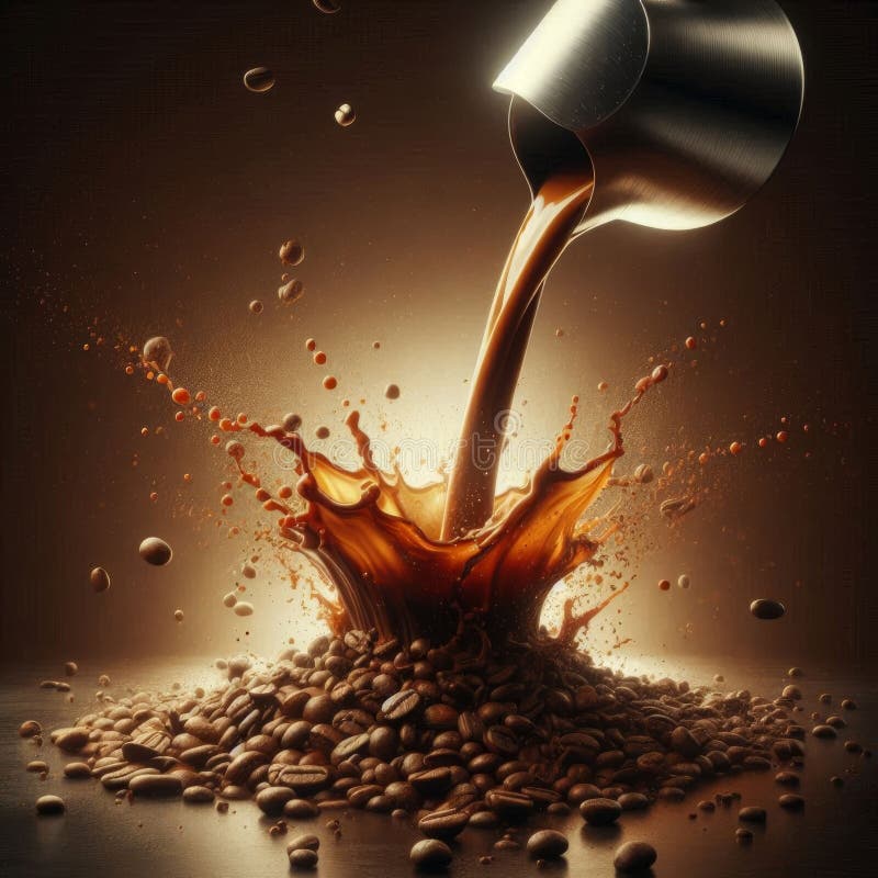 Pouring Coffee, Creating a Splash Surrounded by Scattered Coffee Beans ...
