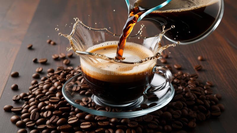 Pouring Coffee, Creating a Splash Surrounded by Scattered Coffee Beans ...