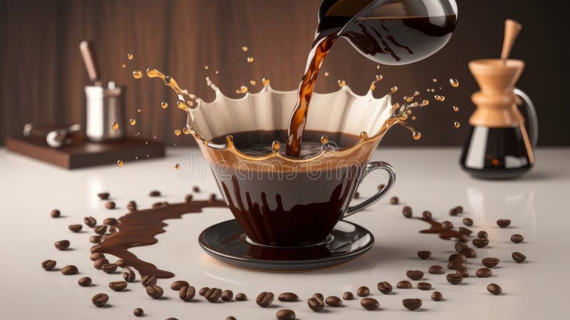 Pouring Coffee, Creating a Splash Surrounded by Scattered Coffee Beans ...