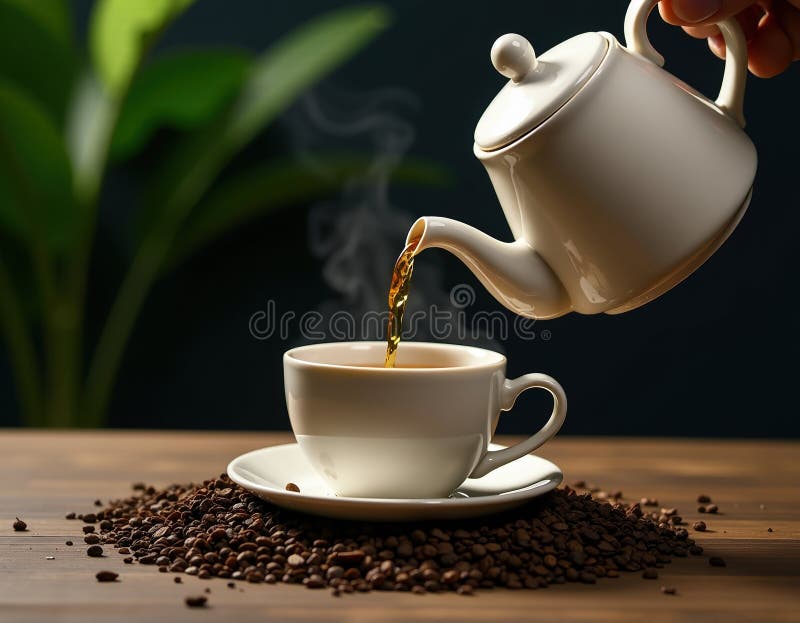 Pouring Coffee into a Cup Surrounded by Coffee Beans Stock Illustration ...