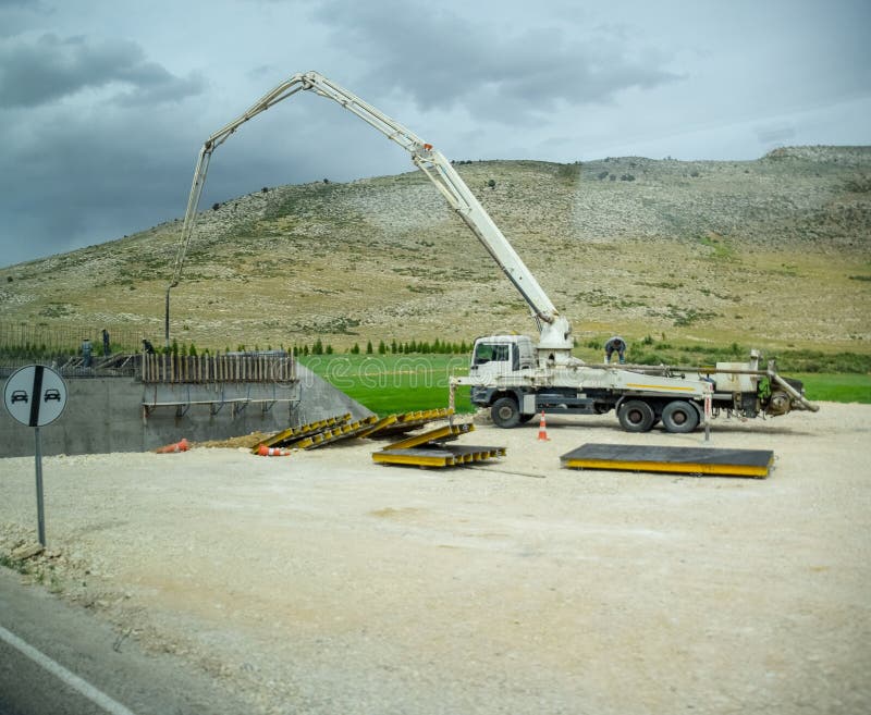 Pouring Concrete through the Top Using Crane Machine Stock Image ...