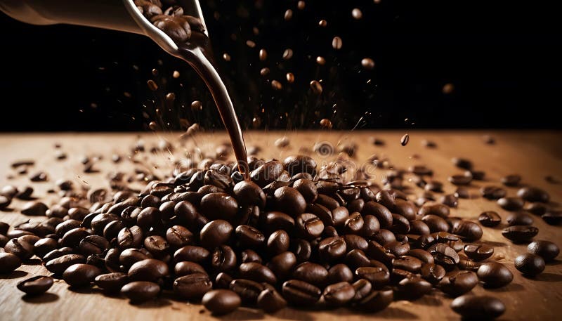 Pouring Dark Coffee Over Pile of Roasted Beans on Wooden Table Stock ...