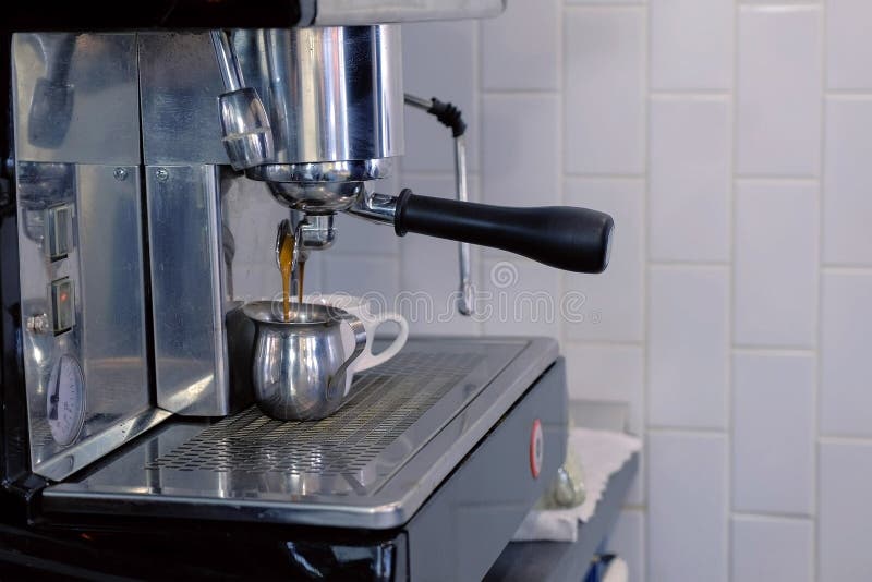 Pouring Espresso To Pitcher from Coffee Machine. Stock Image - Image of ...