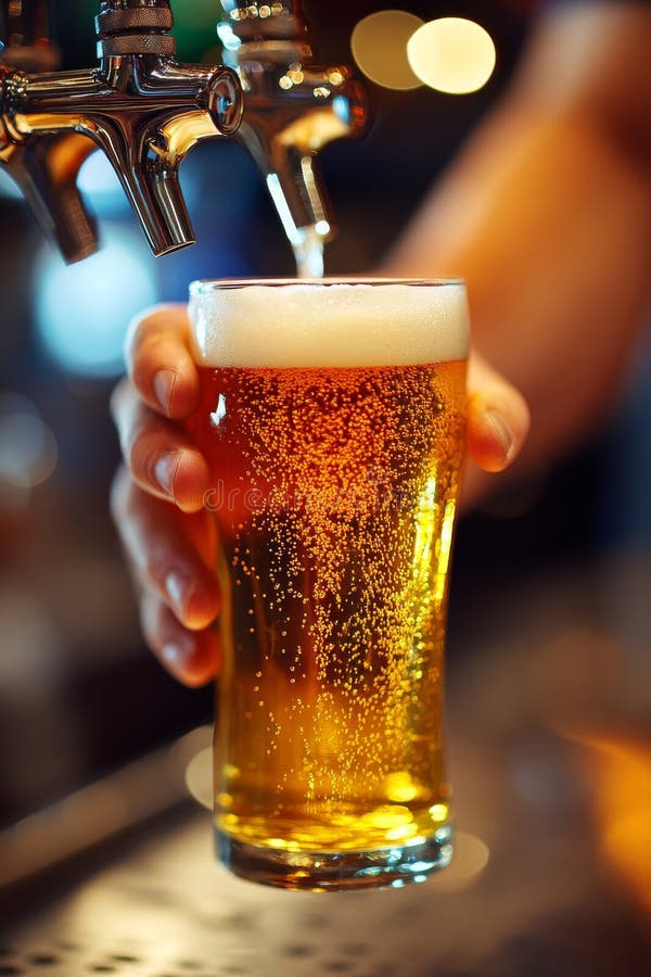 Pouring a Fresh Draft Beer into a Glass in a Lively Pub Setting during ...