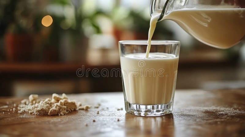Pouring Fresh Milk into a Glass with a Rustic Kitchen Setting and ...