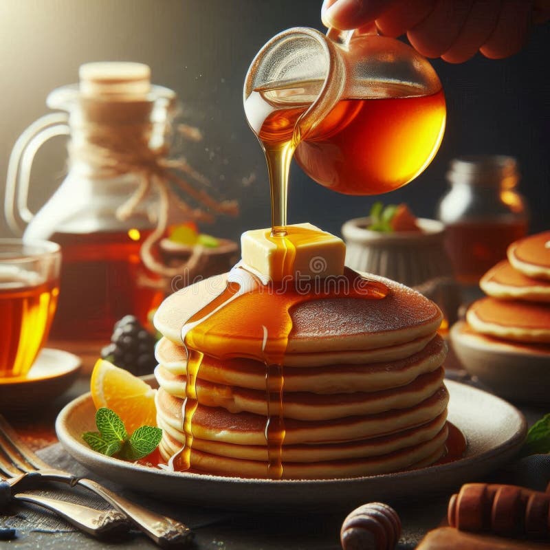 Pouring Golden Maple Syrup Over a Stack of Fluffy Pancakes, Syrup and ...