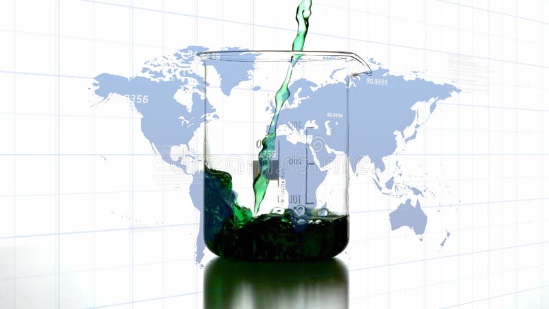 Pouring Green Liquid into Beaker Over World Map and Data Animation ...