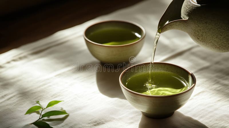 Pouring Green Tea from Ceramic Teapot into Traditional Teacup Stock ...