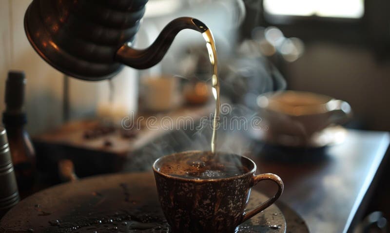 Pouring Hot Coffee into Cup on Table in Cafe, Closeup Stock Image ...