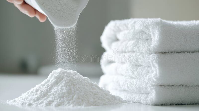 Pouring Laundry Detergent Powder Onto a Surface with Folded White ...
