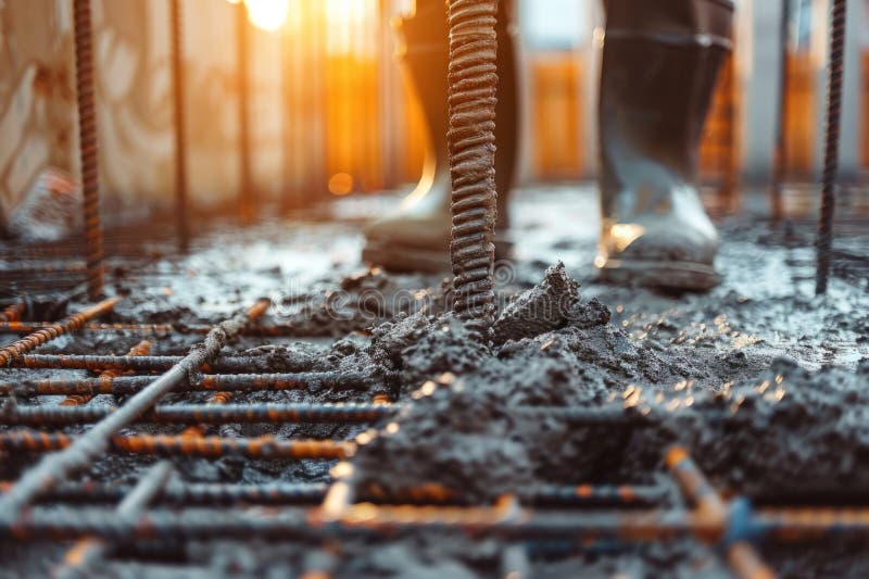 Pouring Liquid Concrete into Reinforcement at a Construction Site Stock ...