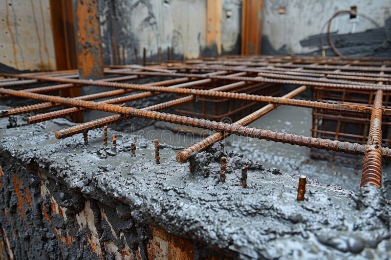 Pouring Liquid Concrete into Reinforcement at a Construction Site Stock ...