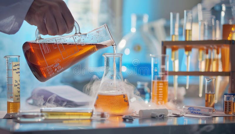 Pouring Liquid into Laboratory Beaker for Experiment Stock Illustration ...