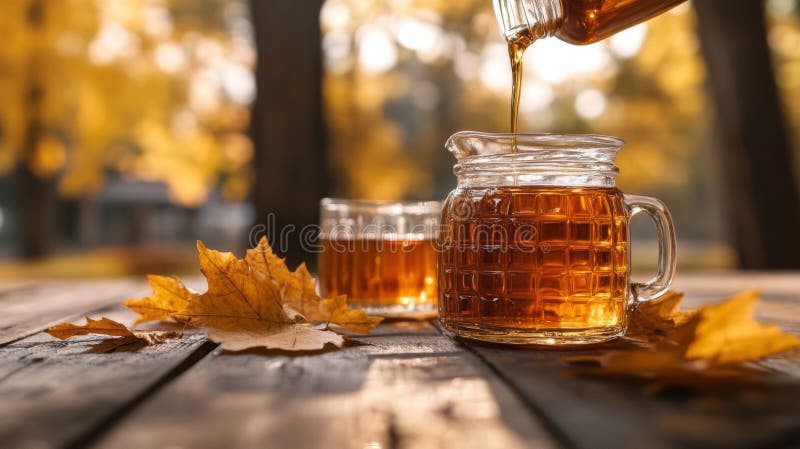 Pouring Maple Syrup into Glass Pitcher on Wooden Table Stock ...